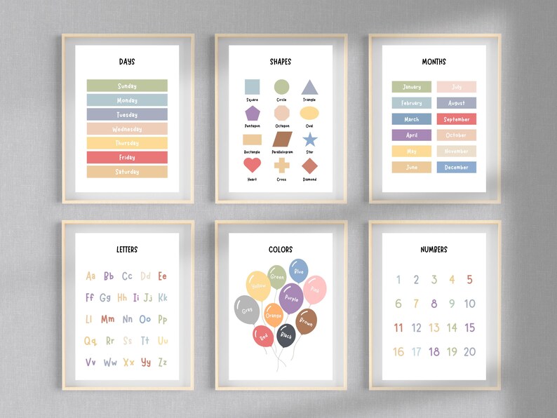 Set of 6 Educational Posters | Alphabet, Numbers, Shapes, Colours, Days ...
