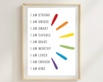 Positive Affirmations for Kids, Playroom Printable, I Am Smart Loved ...