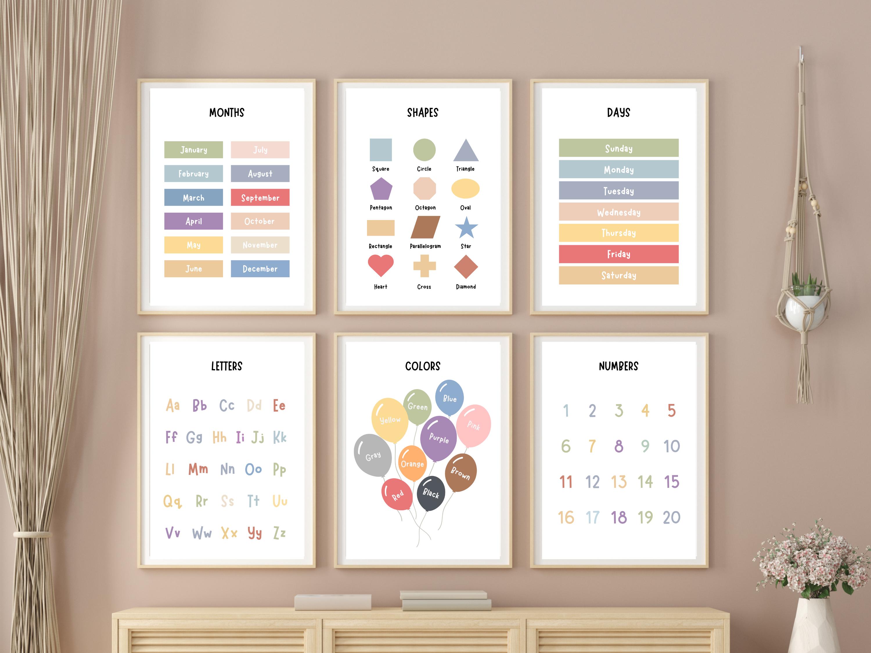 Set of 6 Educational Posters | Alphabet, Numbers, Shapes, Colours, Days ...