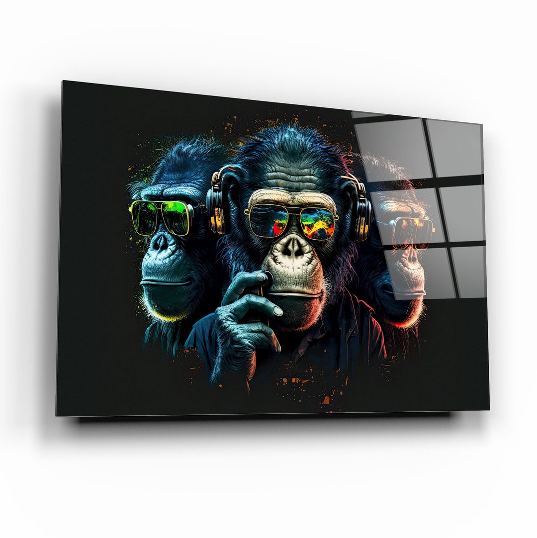 Three Monkeys Glass Wall Painting Art, Colorful Glass Wall Art Decor ...