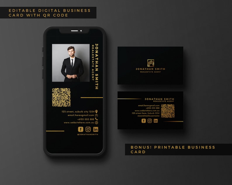 Luxury Digital Business Card With QR Code, Black & Gold Business Card ...