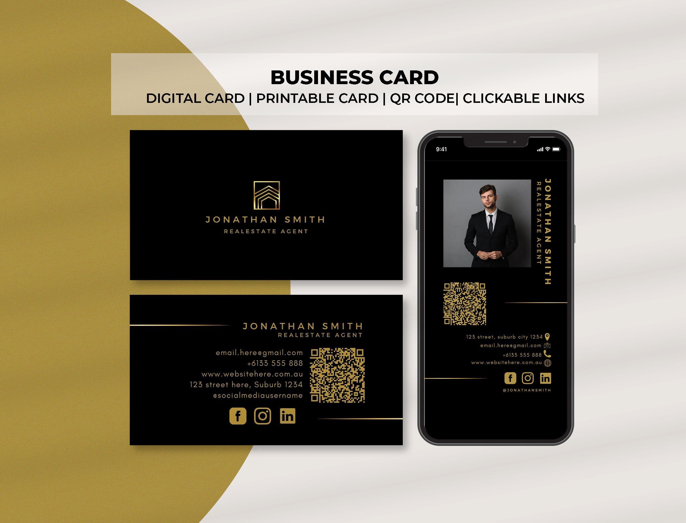 Luxury Digital Business Card With QR Code, Black & Gold Business Card ...
