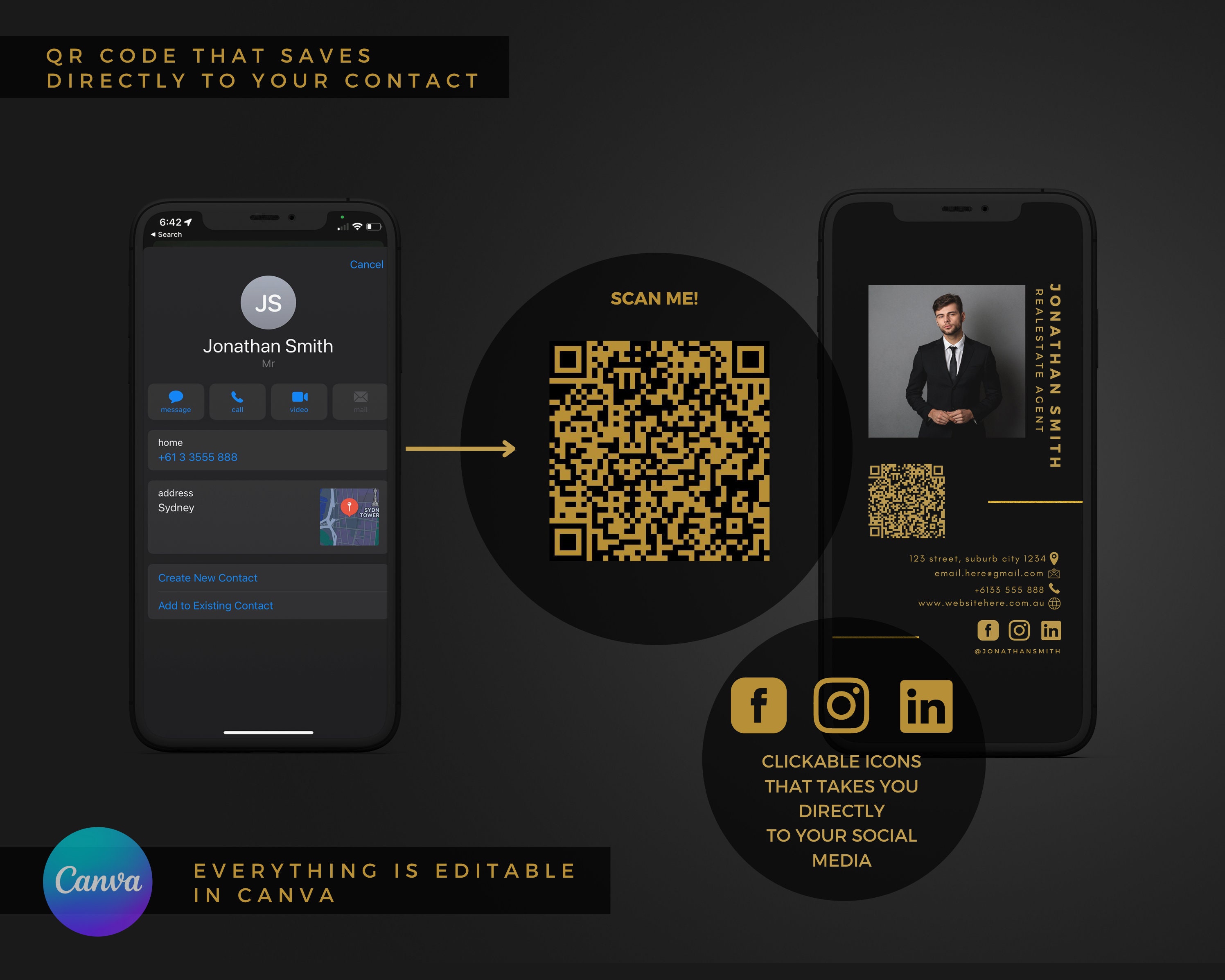Luxury Digital Business Card With QR Code, Black & Gold Business Card ...