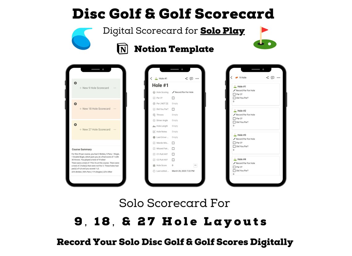 Disc Golf Scorecard & Golf Scorecard Notion Template, Solo Scorecard ...
