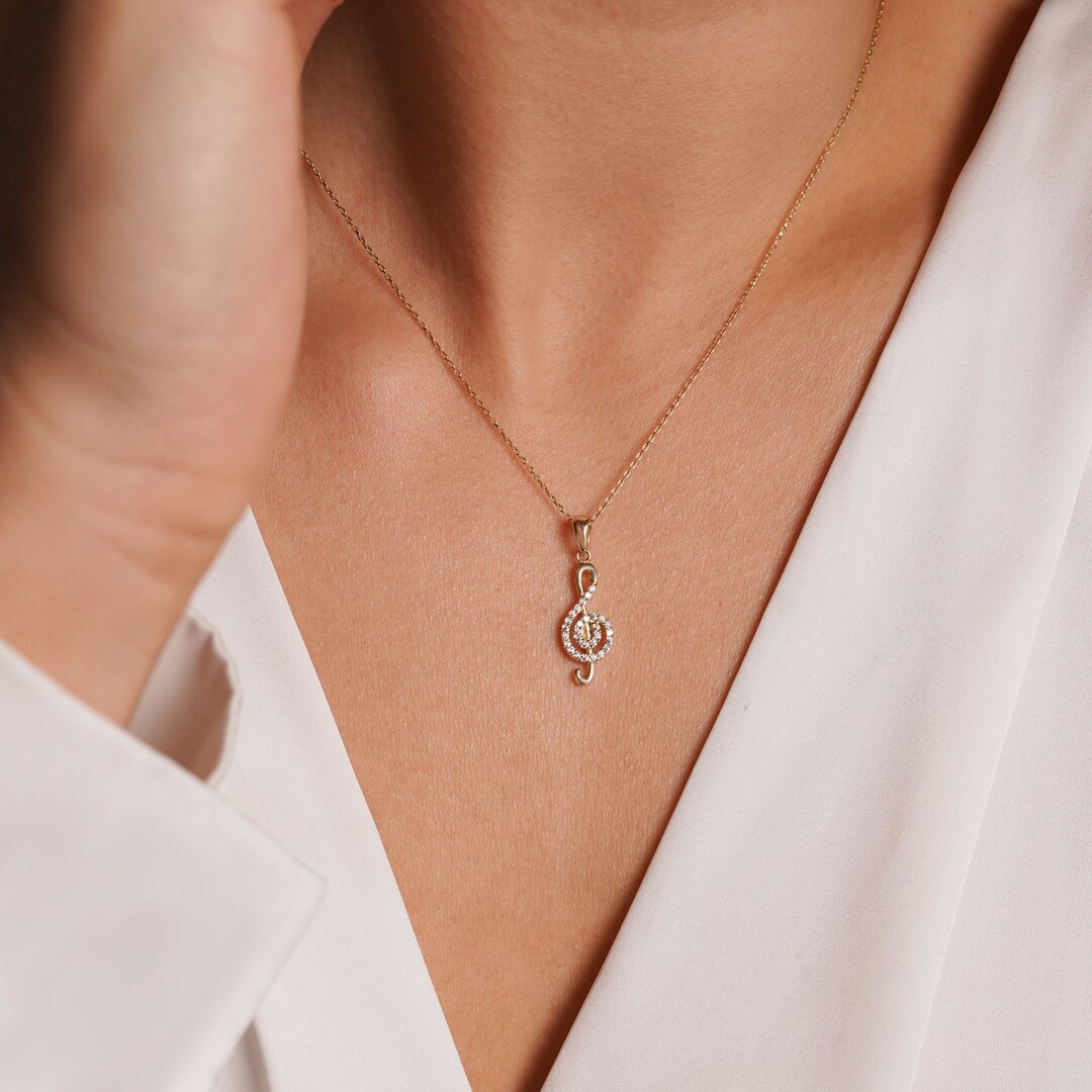 14K Gold Treble Clef Necklace Gift for Mom, Musical Note Symbol Pendant ...