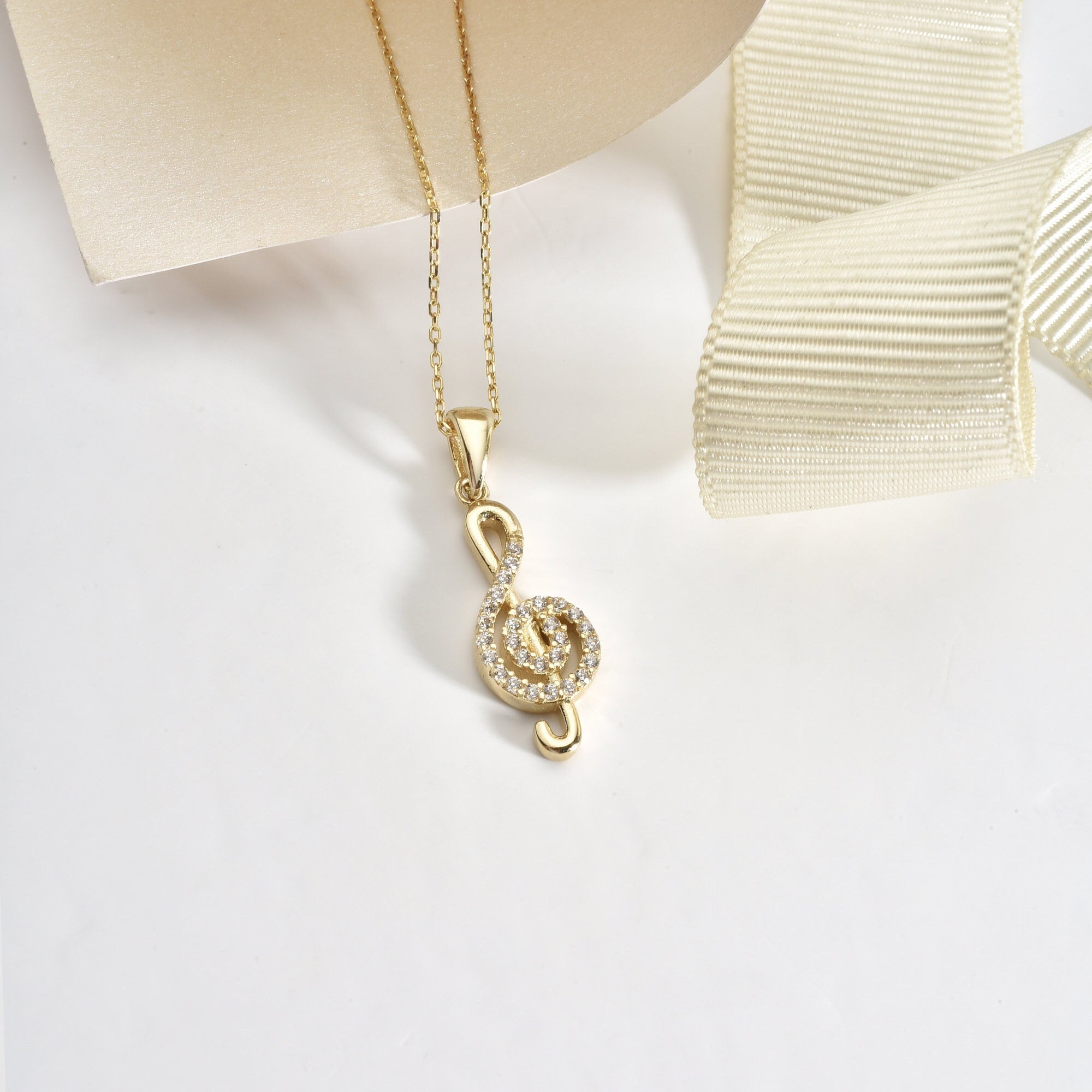 14K Gold Treble Clef Necklace Gift for Mom, Musical Note Symbol Pendant ...