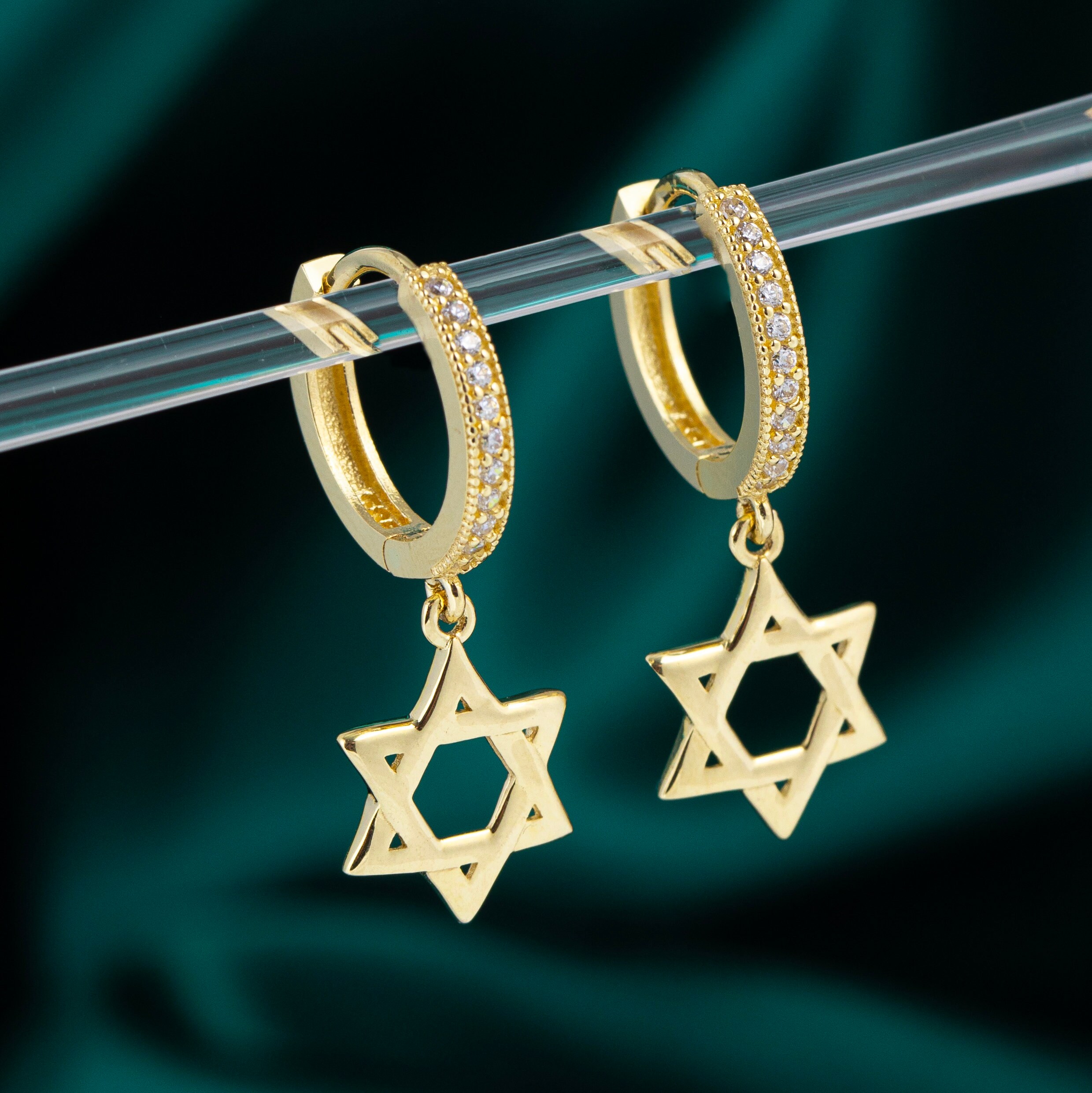 14K Star of David Unique Solid Gold Dangle Huggie Earring, Everyday ...