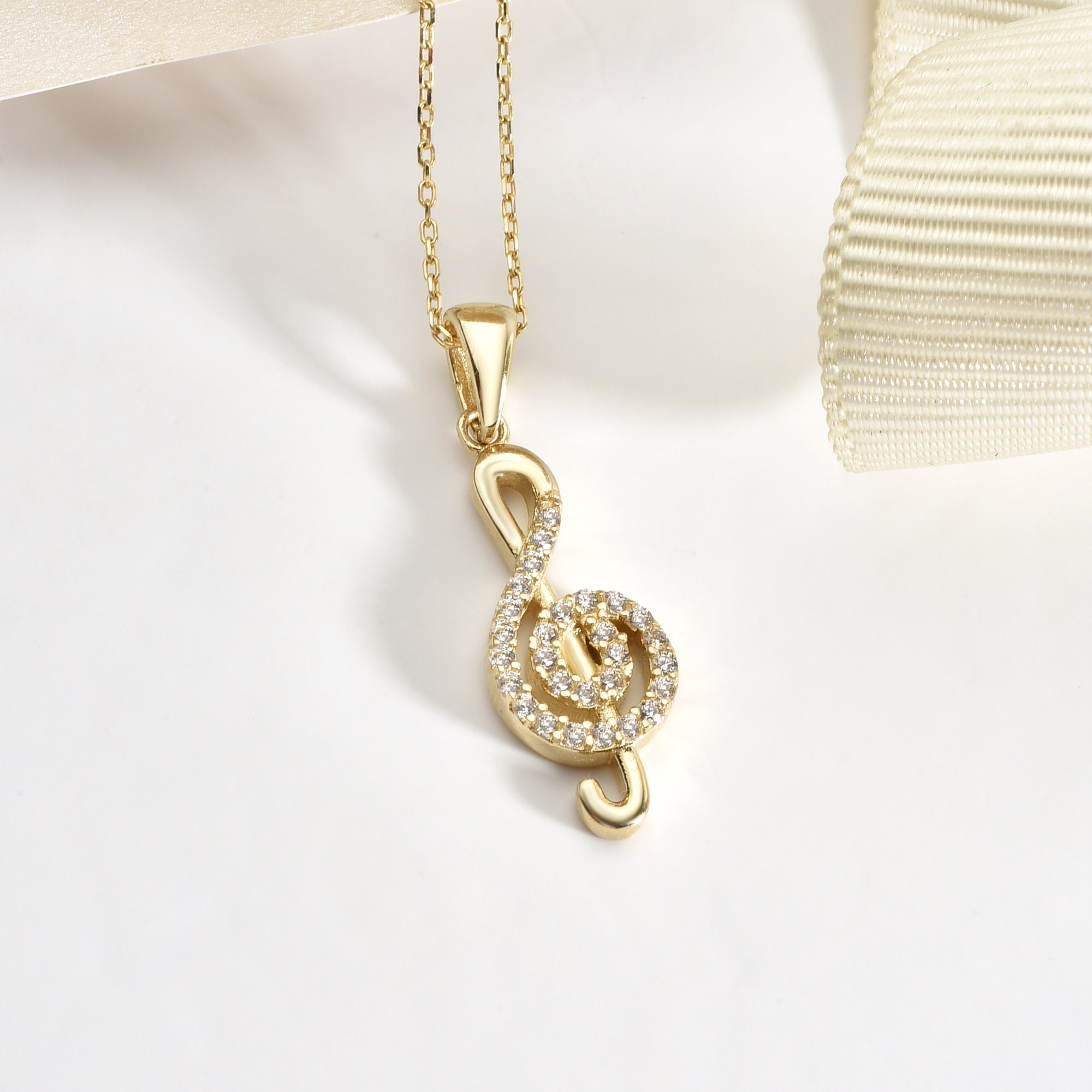 14K Gold Treble Clef Necklace Gift for Mom, Musical Note Symbol Pendant ...