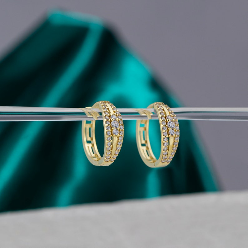 Three Stone With Pave Solid Gold Hoop Earring for Women Tiny - Etsy