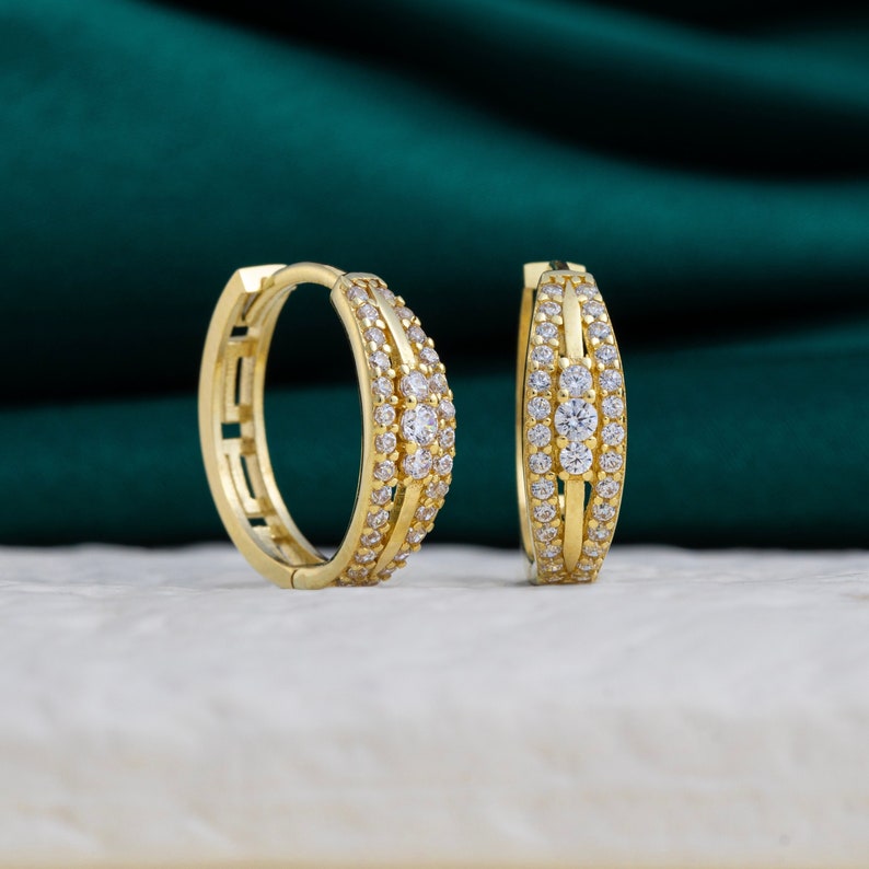 Three Stone With Pave Solid Gold Hoop Earring for Women Tiny - Etsy