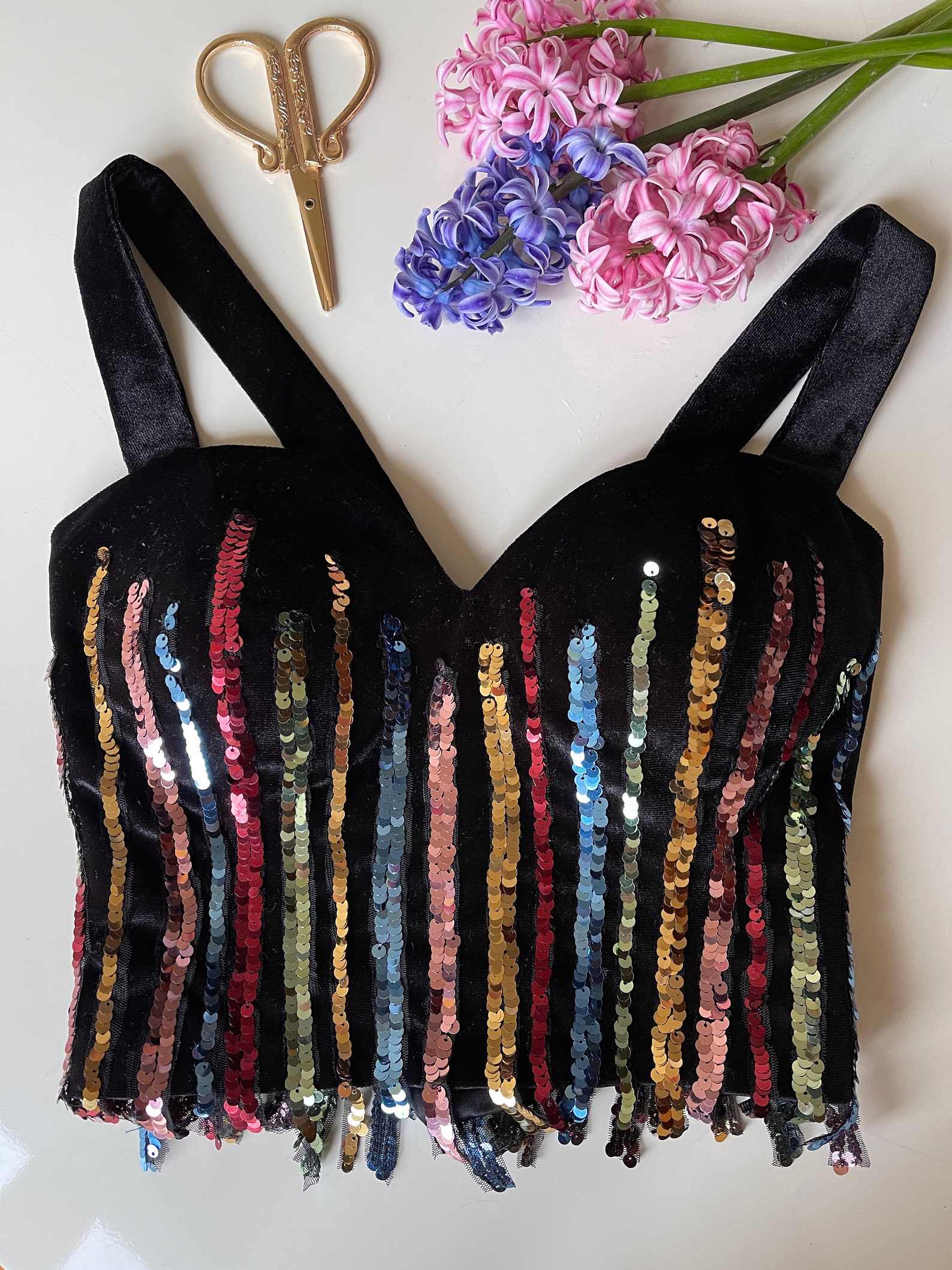 Handmade Black Velvet Top Bustier Corset Single Piece Unique Spangle ...