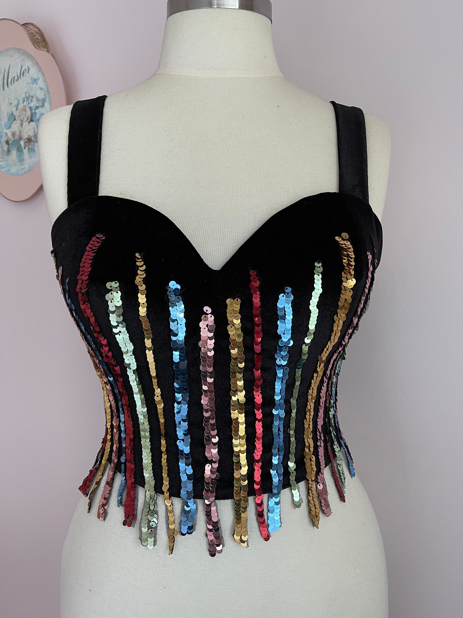 Handmade Black Velvet Top Bustier Corset Single Piece Unique Spangle Bustier Houte Coulture ...