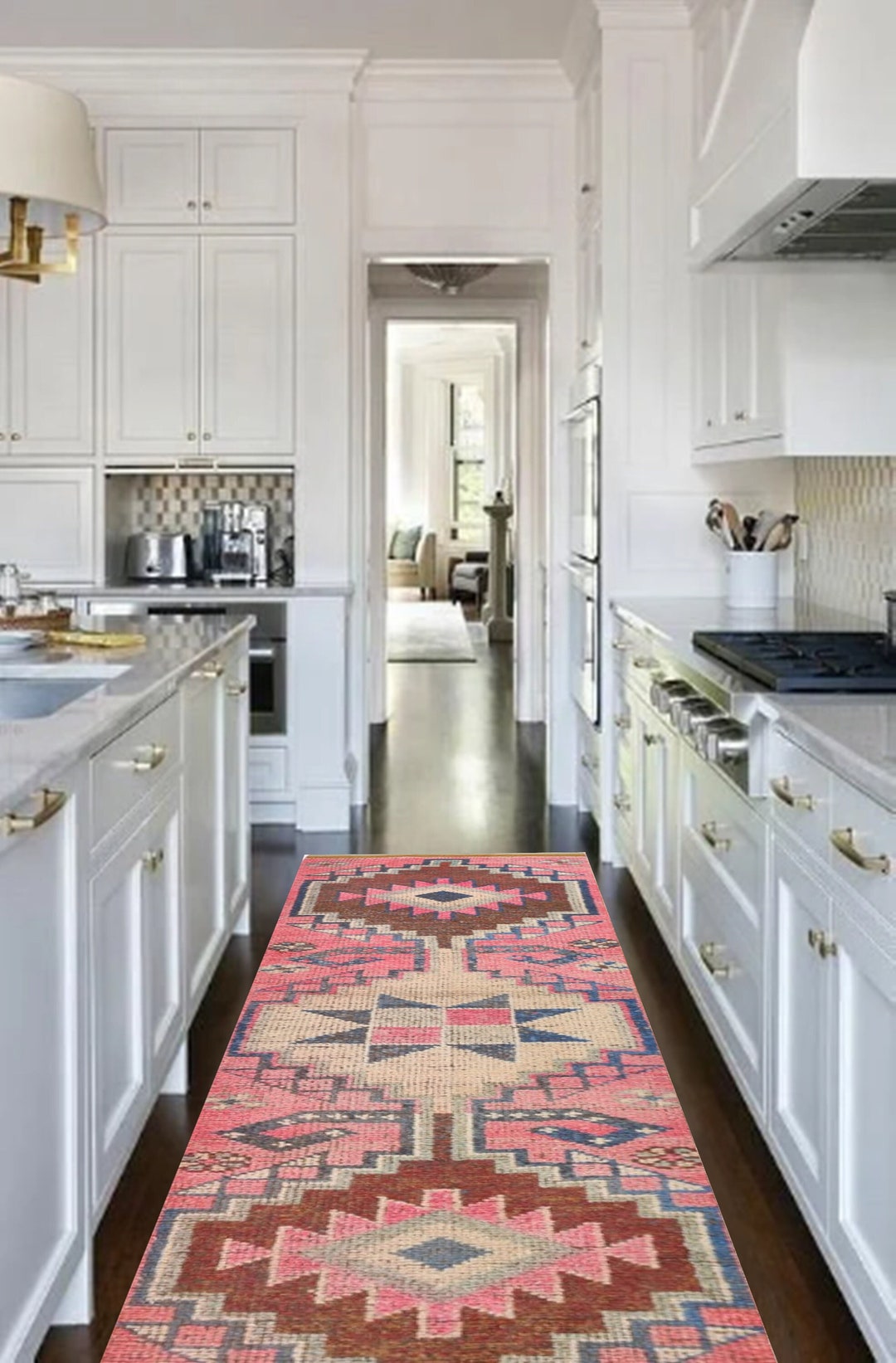 3x10 Soft Wool Vintage Runner Rug, 3x10 Turkish Pink Navy Rug, Shabby ...
