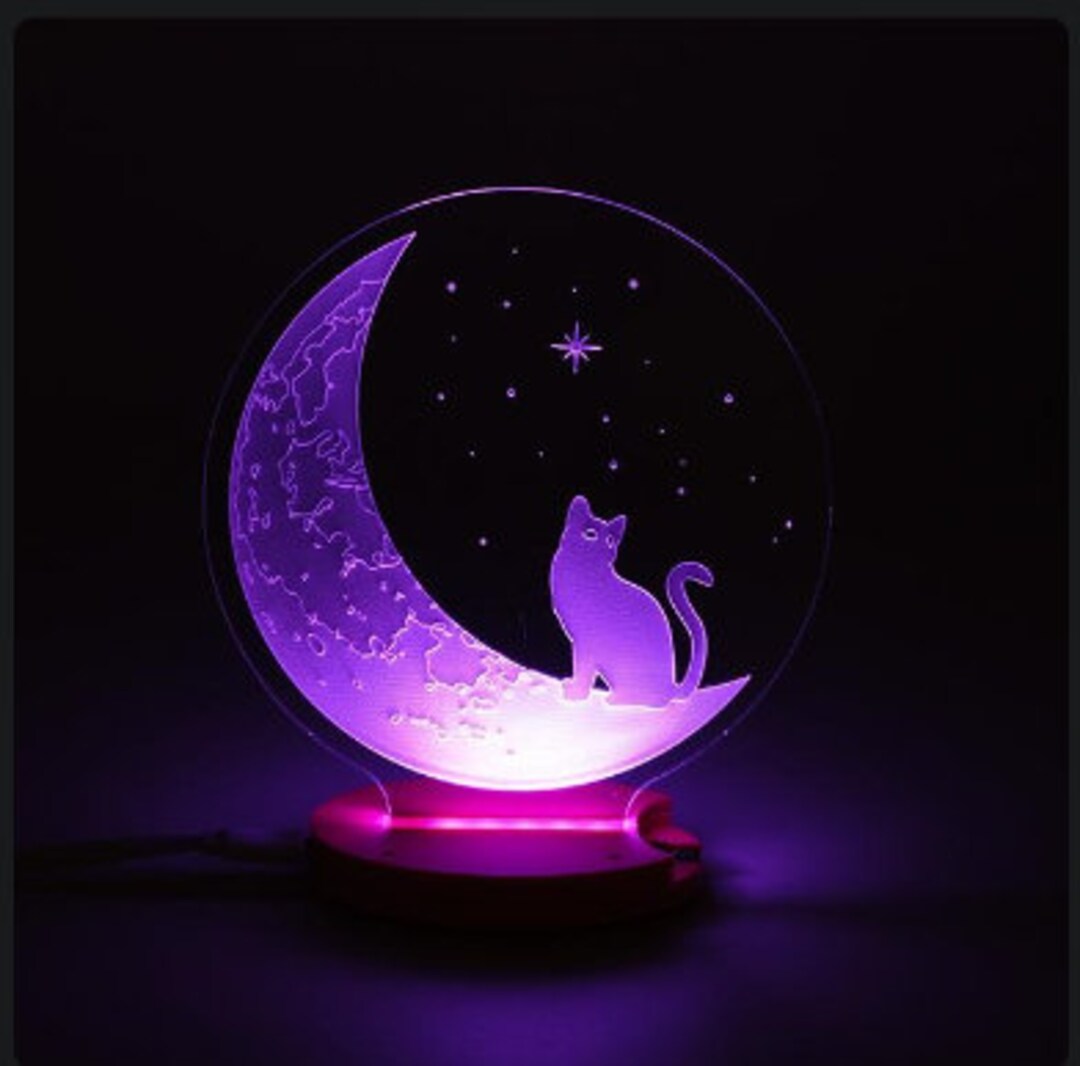 Laser Cut the Cat and the Moon 3D Illusion Night Light Cdr Dxf Svg Aı ...