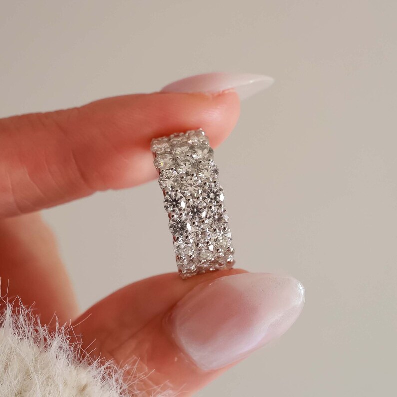 Moissanite Wedding Band, Multi Row 10K Gold Ring, Round Semi Eternity ...