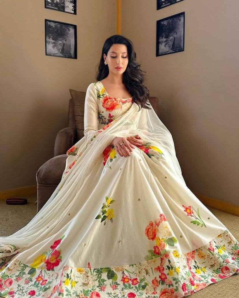 Nora Fatehi White Cotton Floral Printed Long Anarkali Suit - Etsy