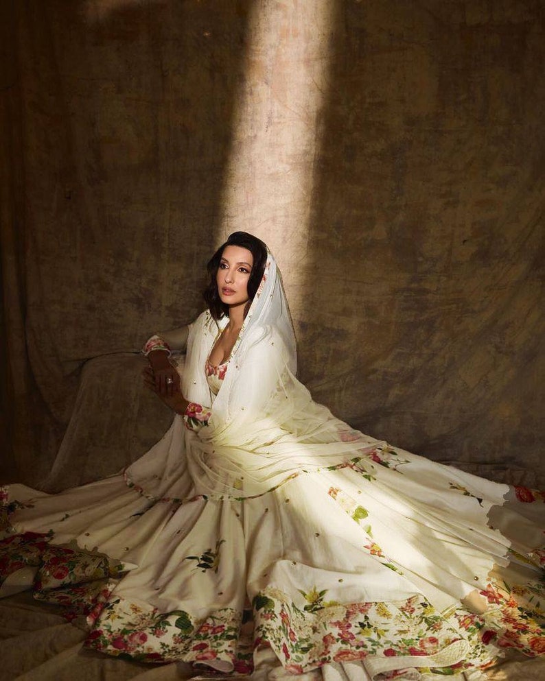Nora Fatehi White Cotton Floral Printed Long Anarkali Suit - Etsy