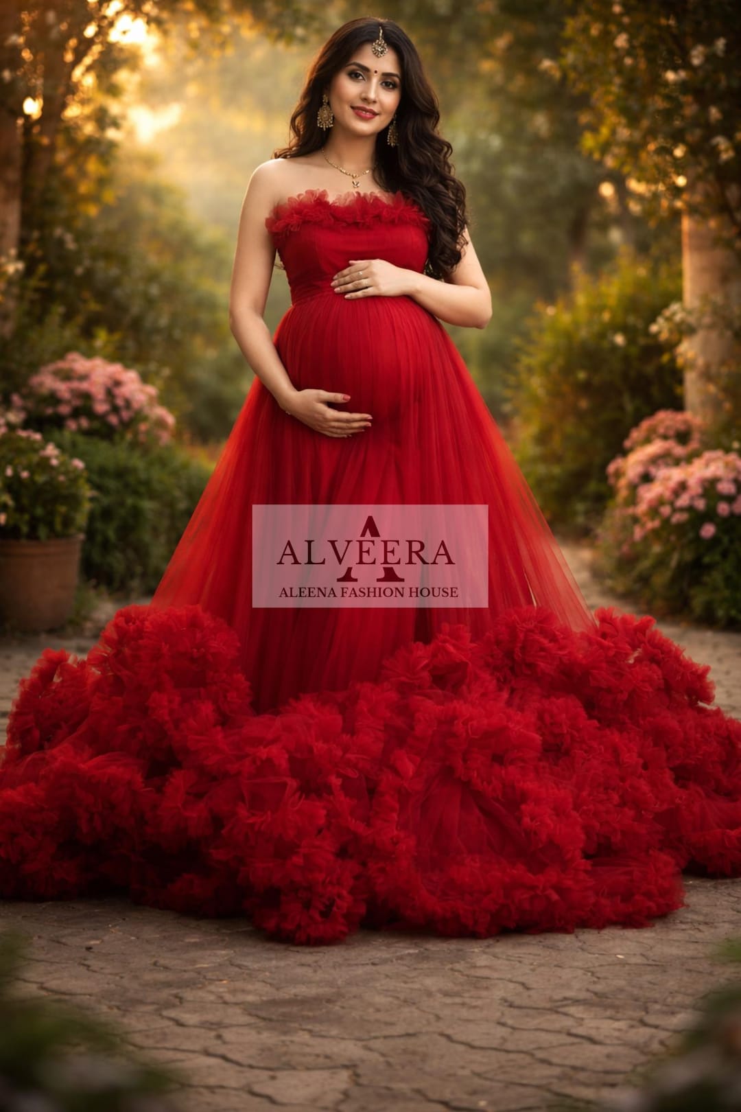 Maternity Ruffles Rose Red Colour Net Gown – Elegant Photoshoot Wear - Etsy