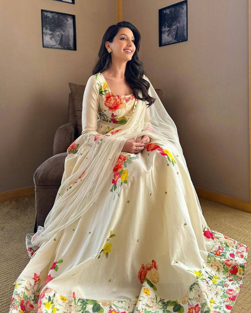 Nora Fatehi White Cotton Floral Printed Long Anarkali Suit - Etsy