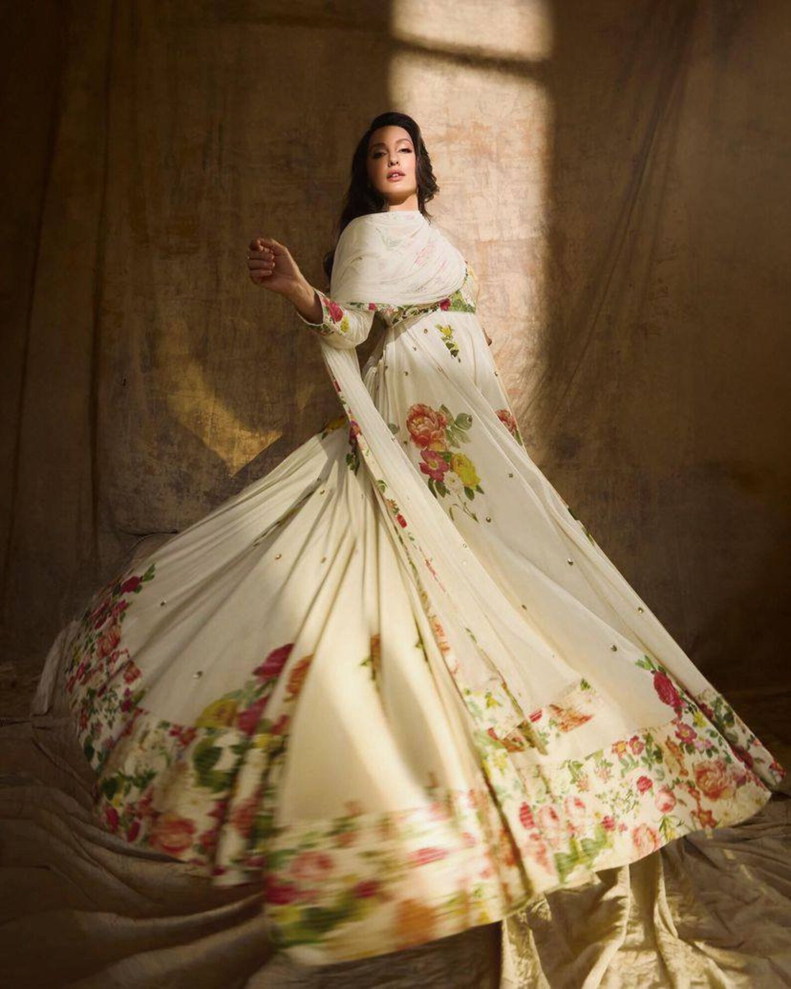 Nora Fatehi White Cotton Floral Printed Long Anarkali Suit - Etsy