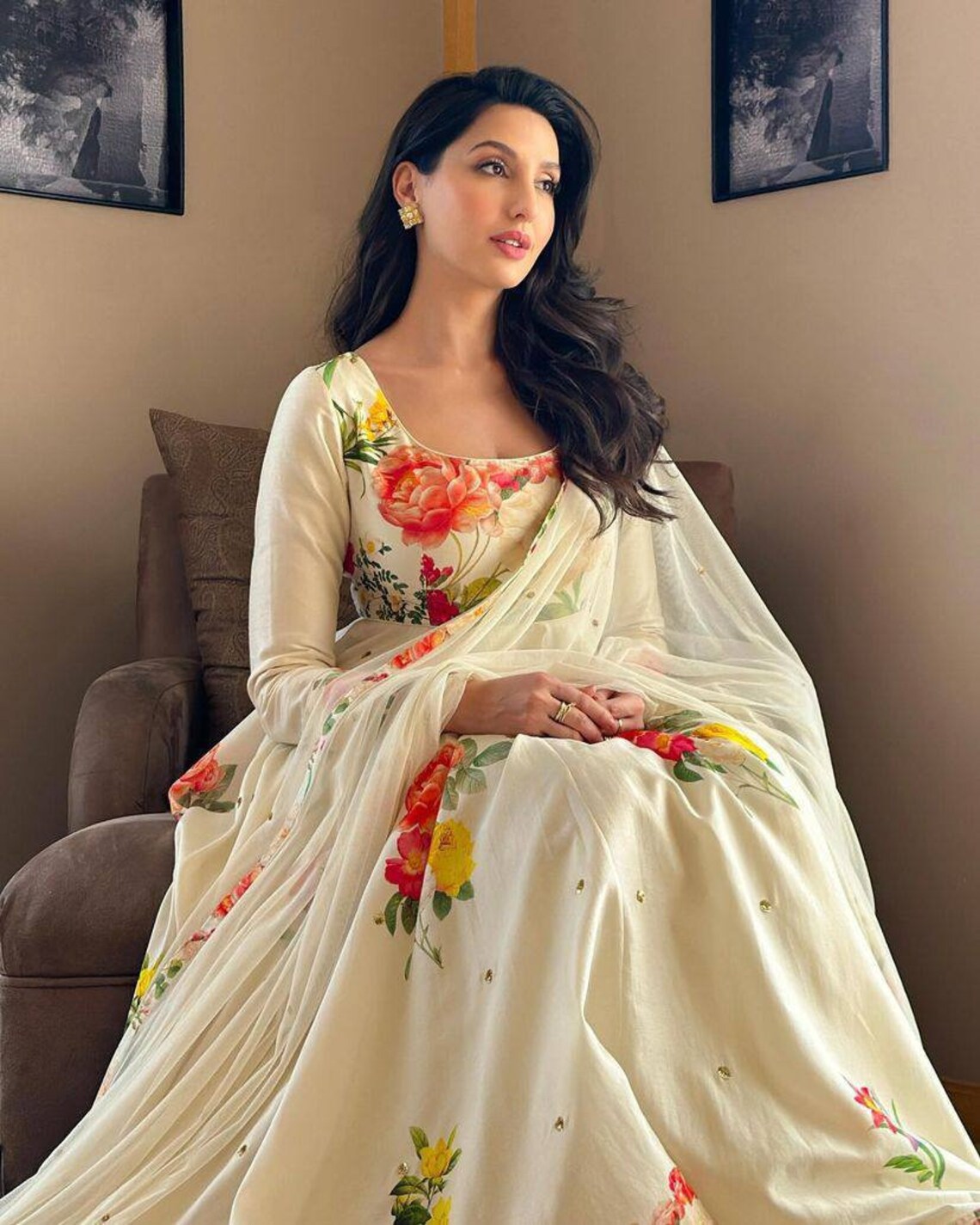 Nora Fatehi White Cotton Floral Printed Long Anarkali Suit - Etsy
