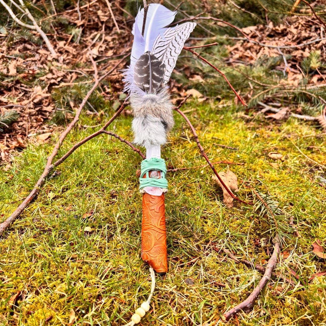 Smudge Feather Fan ADDISON Wand Handmade | Smoke Clearing Ceremonial ...