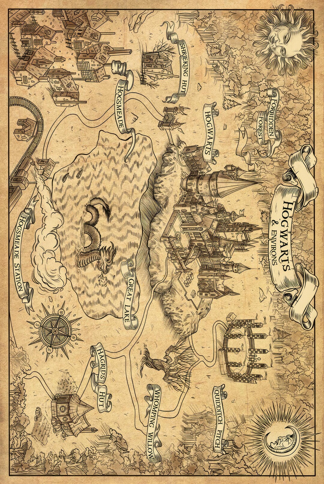 Hogwarts Map Art Poster, Painting Poster, Harry Potter World Map Poster ...