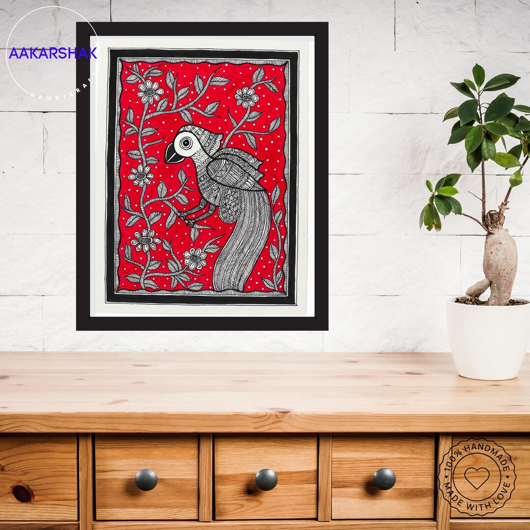 Kachni Style Madhubani Framed Painting of Peacock for Wall - Etsy