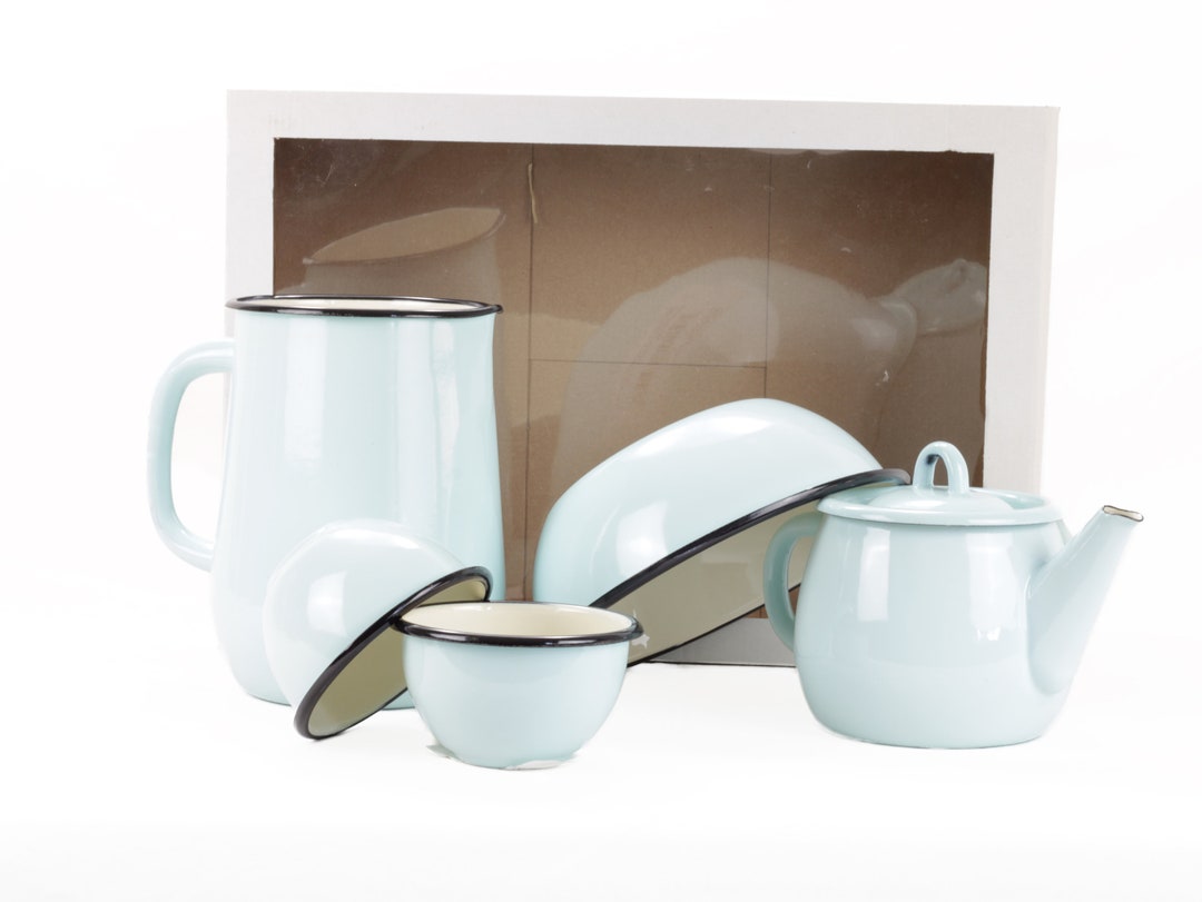 Light Blue Enamel Gift Set Cookware Jug, Bowls and Teapot Gift for Her ...