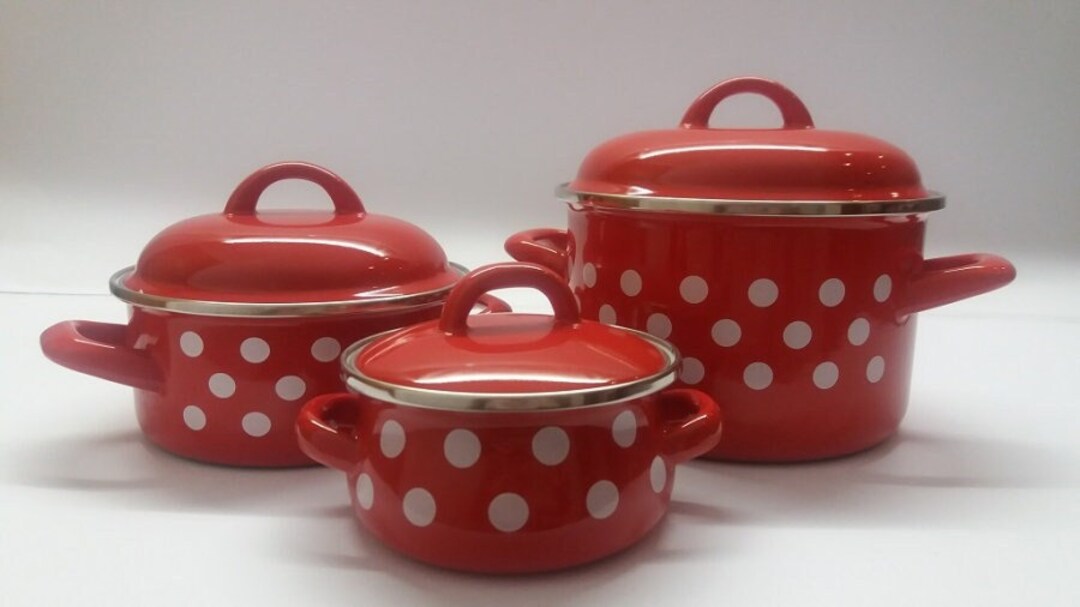 Red Enamel Cookware Set of 3pcs Cooking Pots and Pans - Etsy