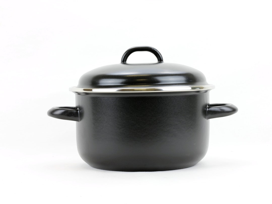 Black Enamel Cookware Cooking Pot With Lid Vintage Kitchenware Nonstick ...
