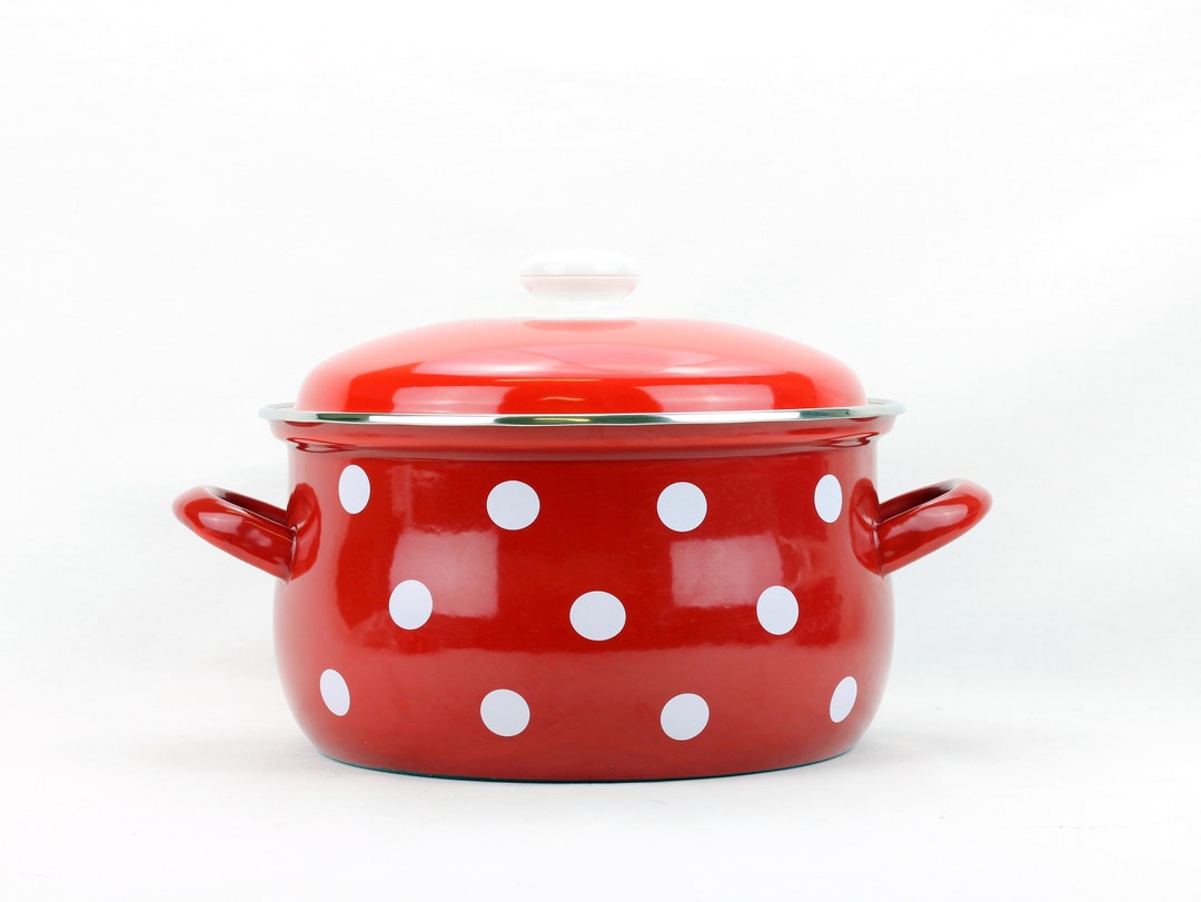 Vintage Enamel Cooking Pot , Red Kitchenware With Dots Enamel Saucepan ...