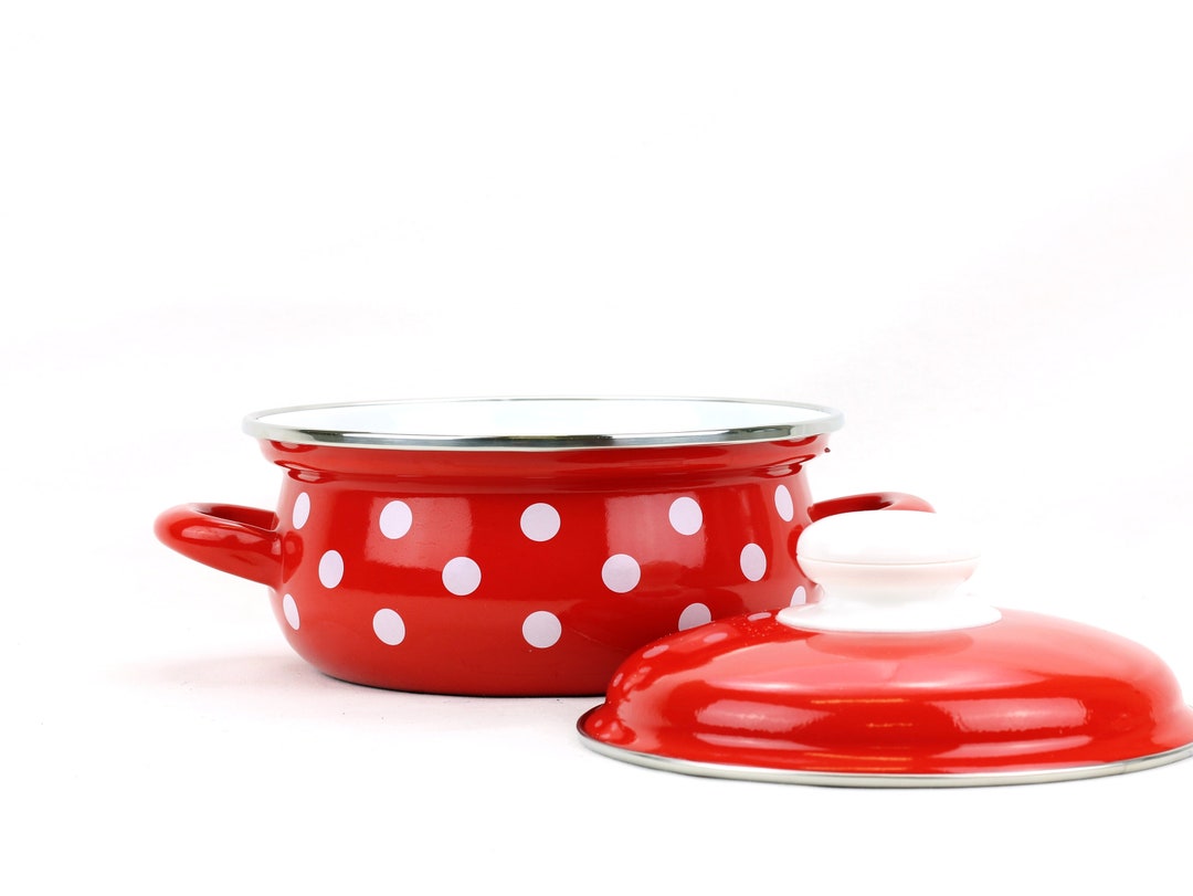 Big Red Enamel Saucepan With Dots Red Big Enamel Pot Enamelware Skillet ...