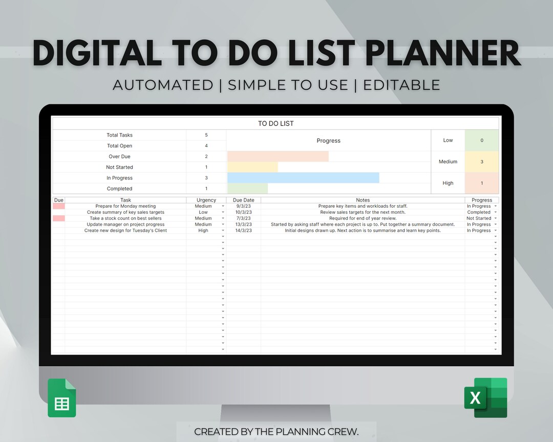 Digital to Do List Automated Planner Task Tracker Task Checklist Excel ...