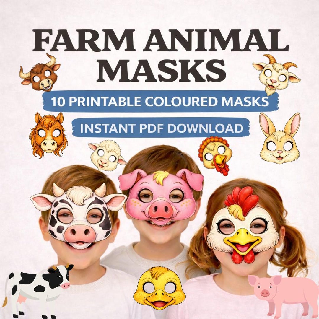 Printable Animal Masks for Kids, Farm Animal Masks, Kids Party Masks ...