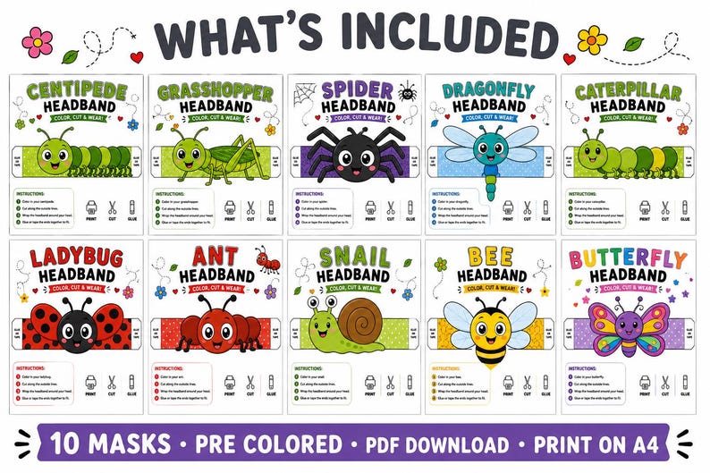 Printable Bug Headbands, Insect Party Favors, Kids Craft Activity (10 ...
