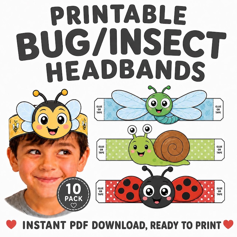 Printable Bug Headbands, Insect Party Favors, Kids Craft Activity (10 ...