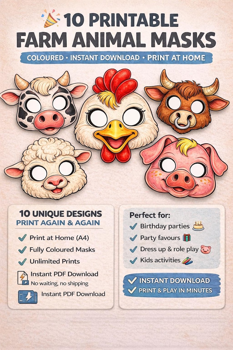 Printable Animal Masks for Kids, Farm Animal Masks, Kids Party Masks ...