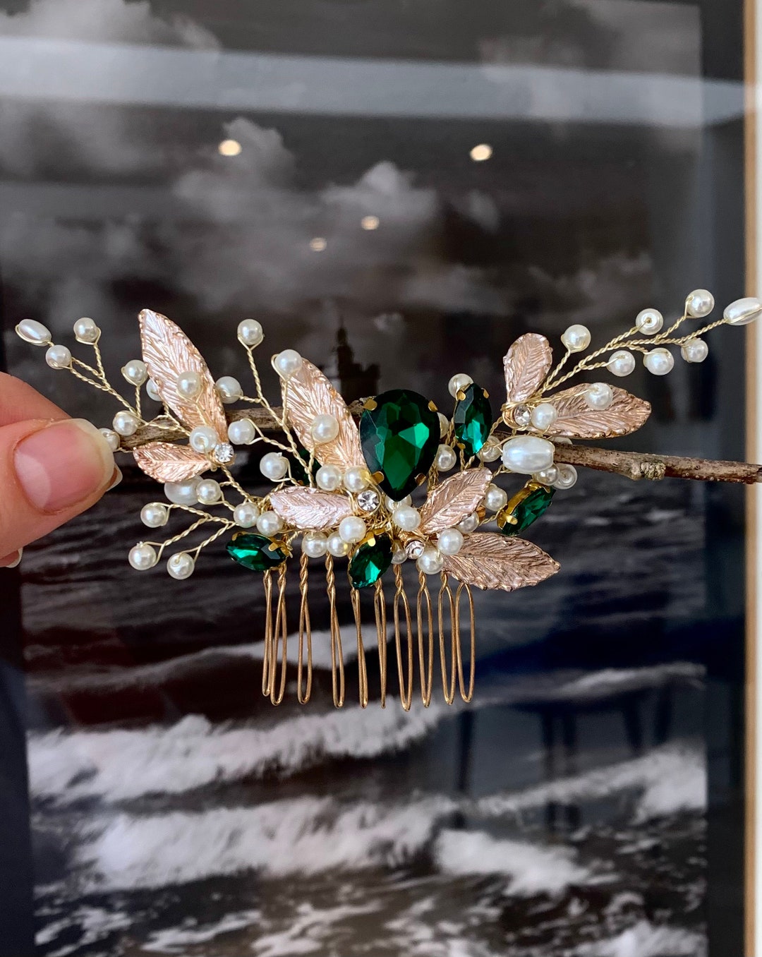 Bridal Hair Piece With Pearl Green Hair Accessory for Wedding Prom Comb ...