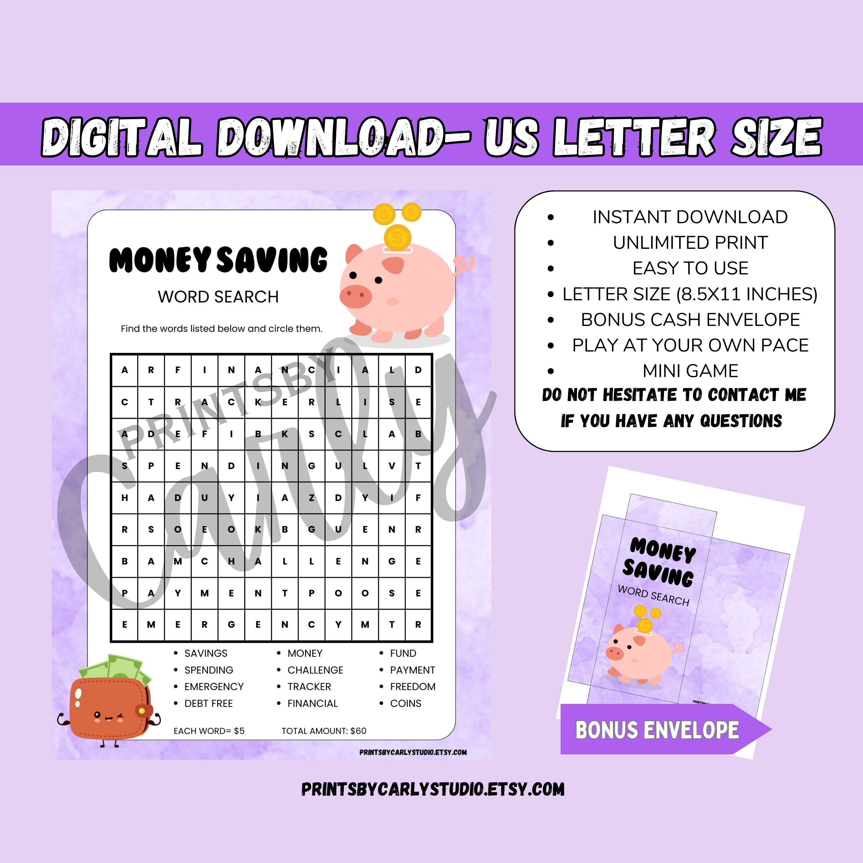 Word Search Savings, US Letter Saving Challenge Printable Sinking Fund ...