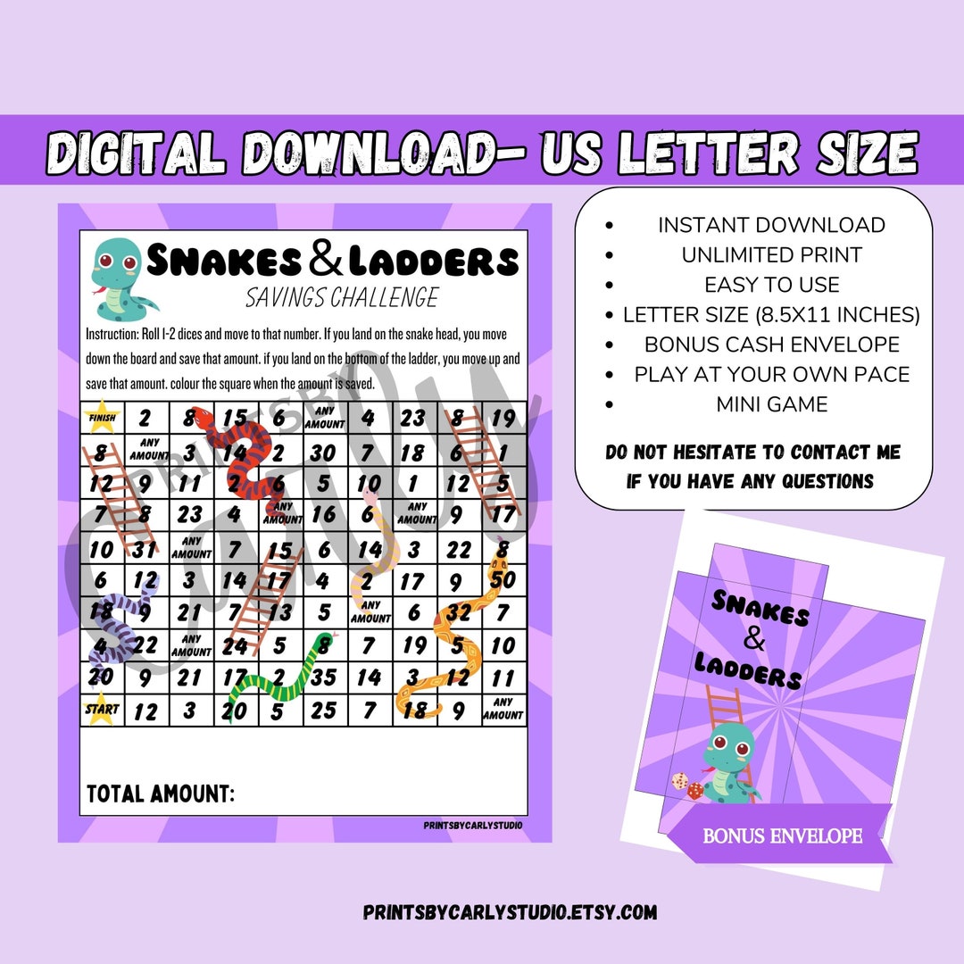 Snakes & Ladders Saving Challenge Cash Envelope Instant Download ...