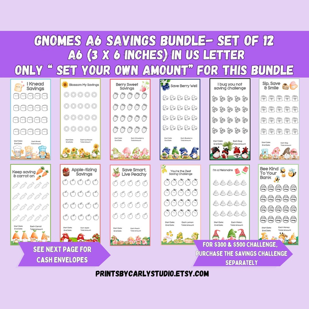 Gnome Savings Bundle Printable Saving Challenge Cash Envelope Saving ...