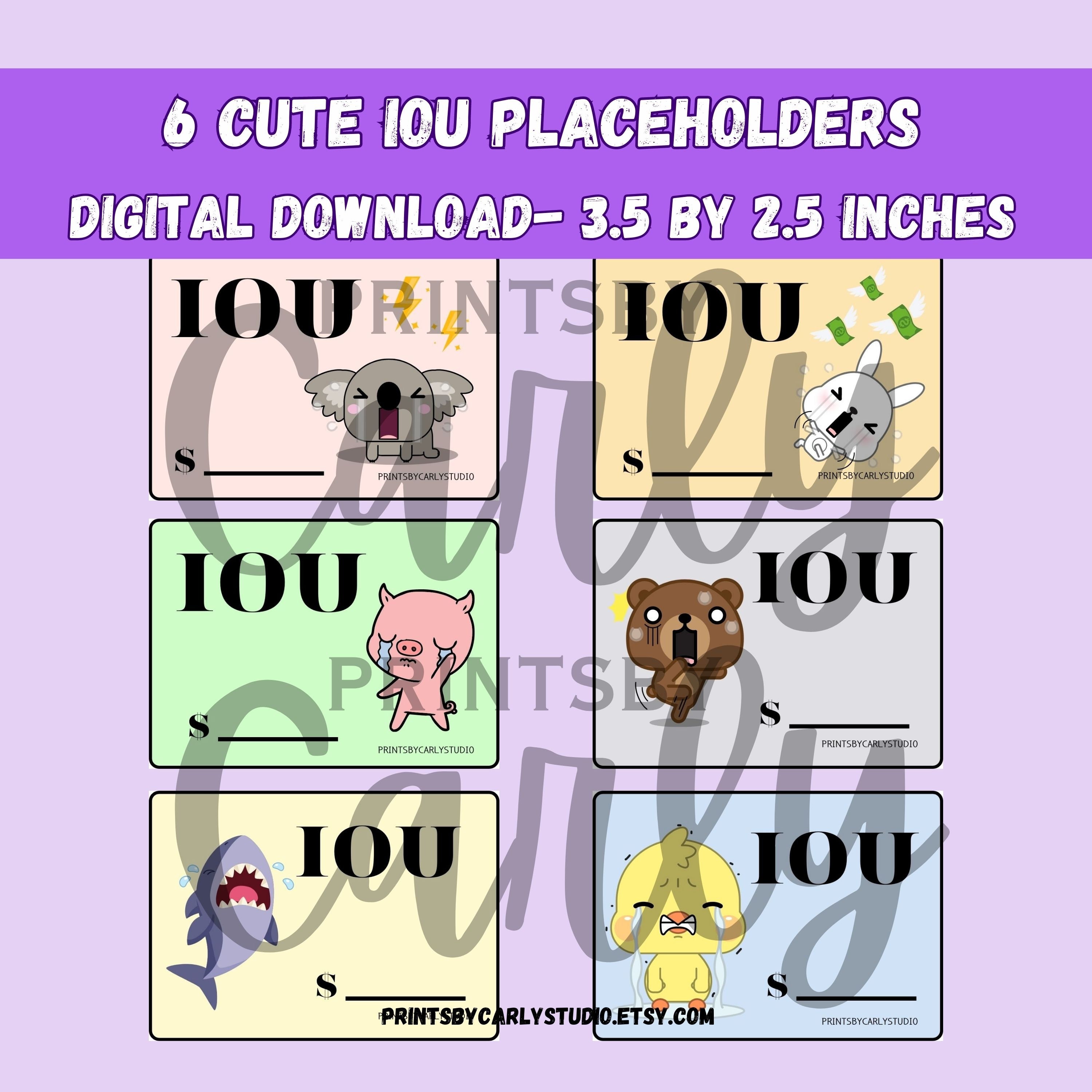 Animal IOU Slips Money Placeholders I Owe You Printable Sinking Fund ...