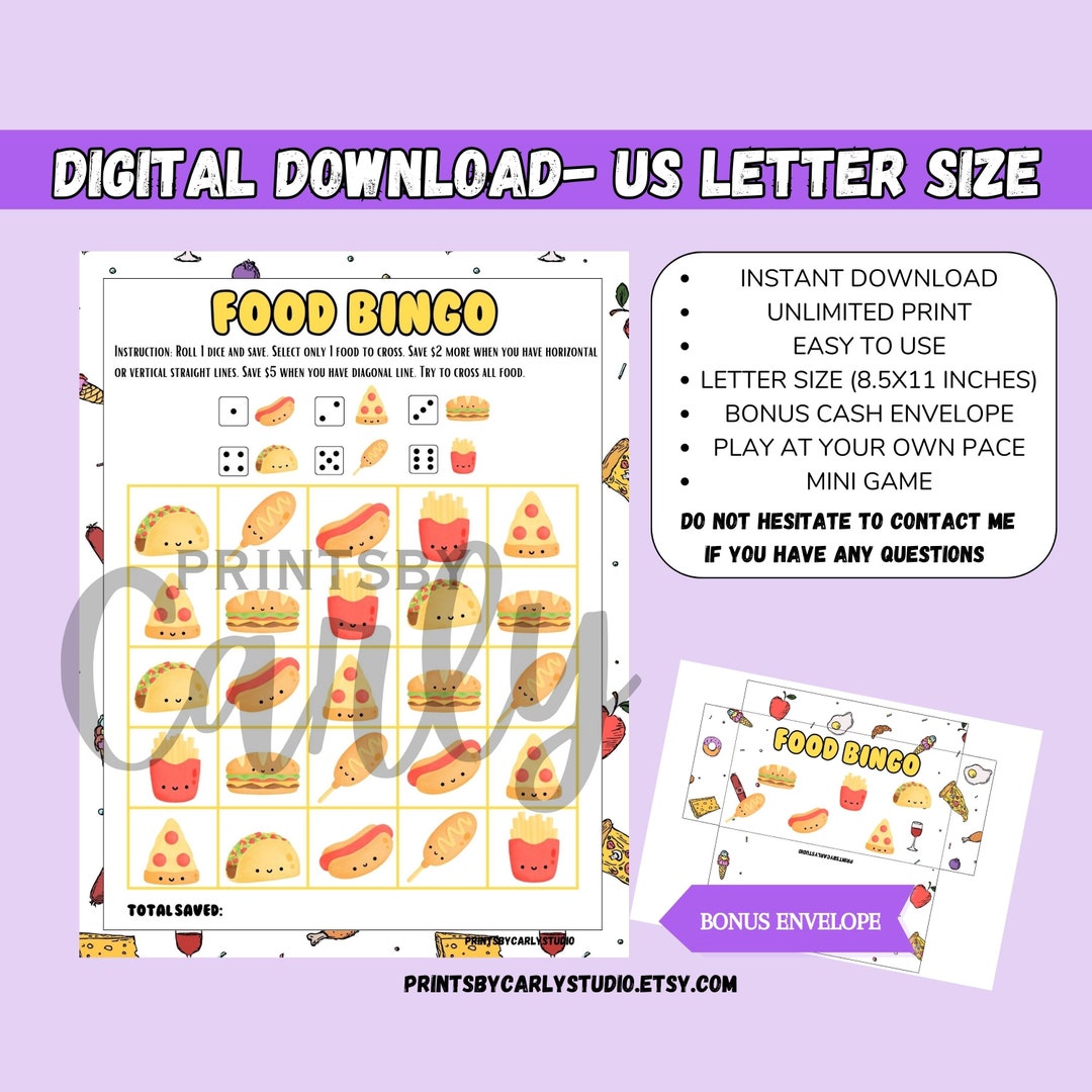 Food Bingo Saving Challenge Cash Envelope Printable Saving Tracker Cute ...