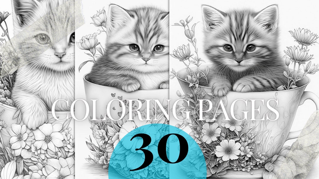 30 Grayscale Coloring Pages | Set 1 | Fantasy Tea Cup Cats and Kittens ...