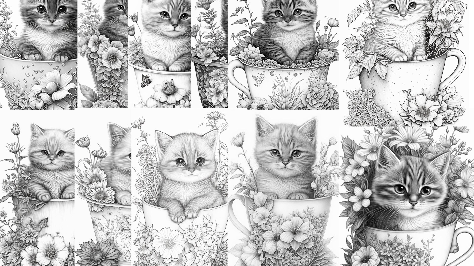 30 Grayscale Coloring Pages Set 1 Fantasy Tea Cup Cats and - Etsy