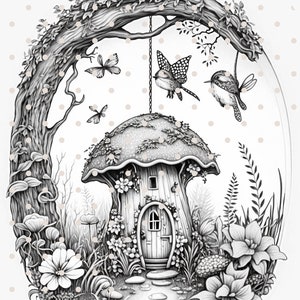 Fantasy Fairy Mushroom Houses Printable PDF | 4 Grayscale Coloring ...