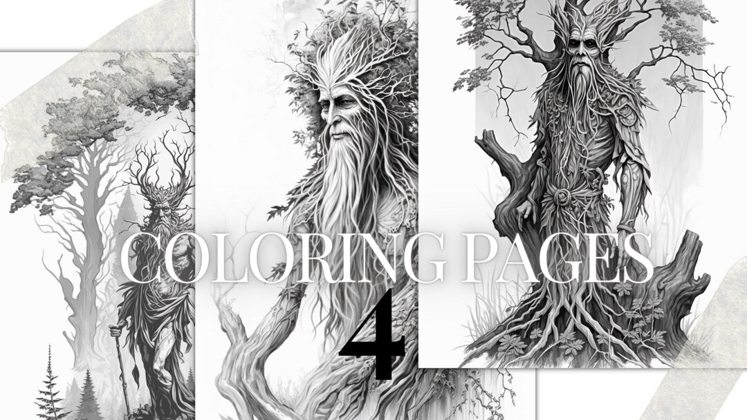 4 Grayscale Coloring Pages | Fantasy Forest Tree Guardians Printable ...