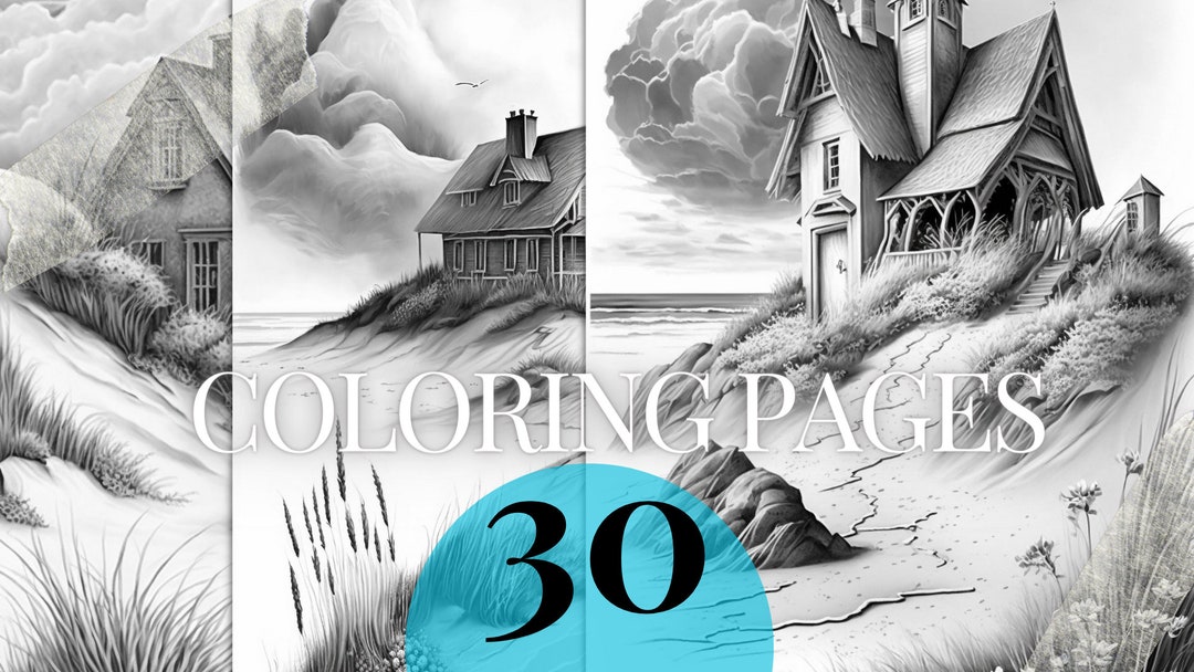 Fantasy Beach Houses Printable PDF | Set 1 | 30 Grayscale Coloring ...