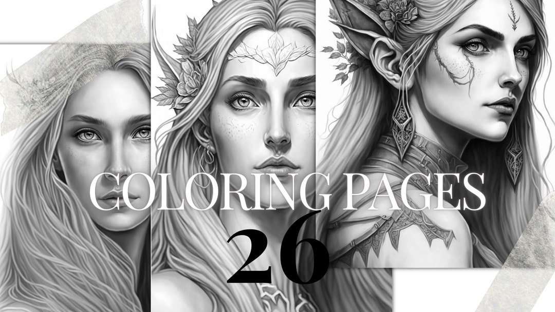 26 Grayscale Coloring Pages | Fantasy Style Elves Printable PDF ...